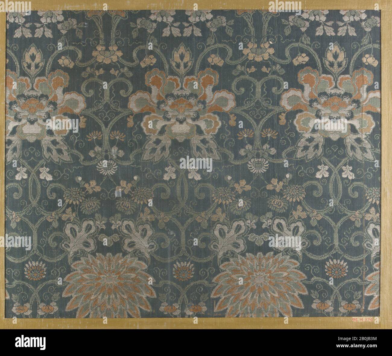 Textile fragment with repeating pattern of chrysanthemums and peonies ...
