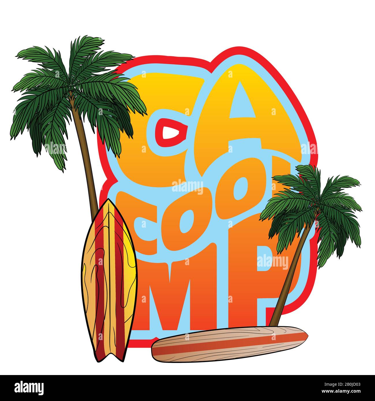 camp word with orange color, with palm trees and surfboards suitable ...