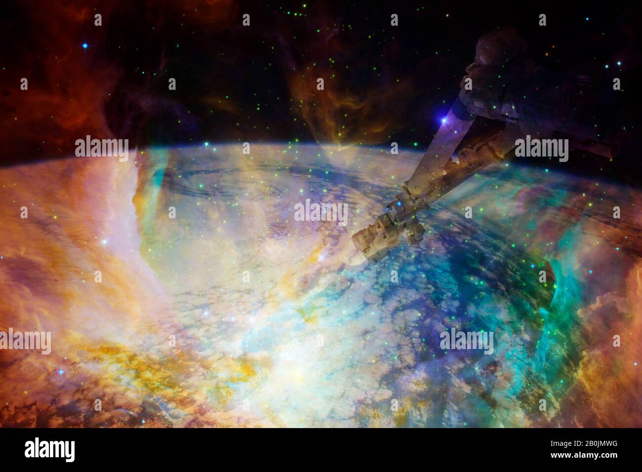 ISS space station walking Earth planet orbit. Endless of universe ...