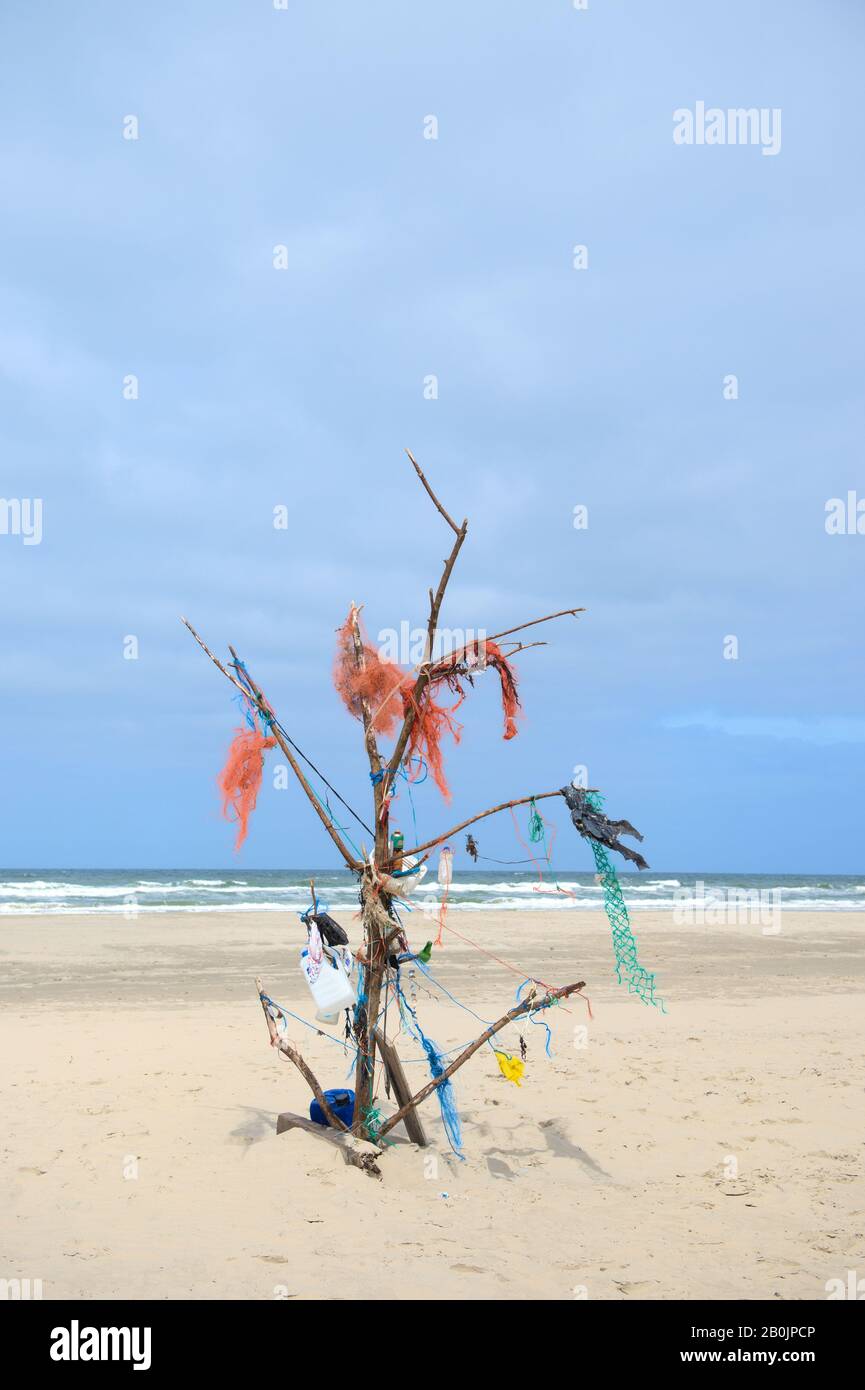 Landscape empty beach with tree made from rubbish at Dutch island ...