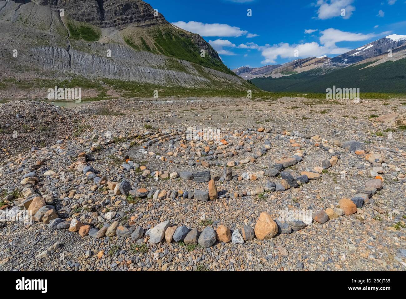 Circular pattern of rocks below Robson Glacier created by park visitor ...