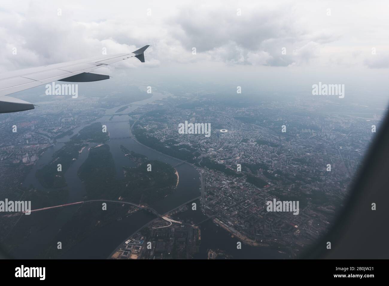 Kiev city with airplane window, Ukraine Stock Photo - Alamy