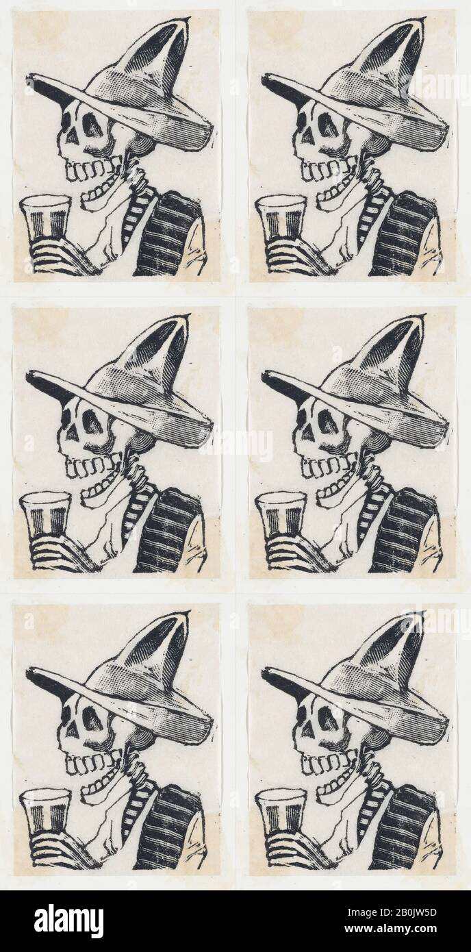 José Guadalupe Posada, A skeleton wearing a hat having a drink ...