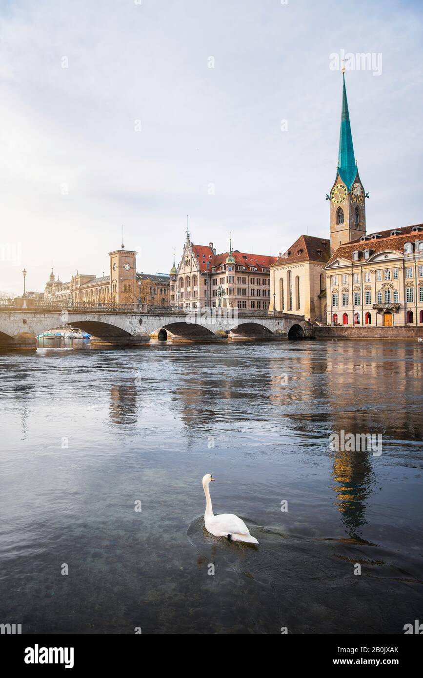 Zurich cityscape with the historic city center, old bridge over Limmat ...