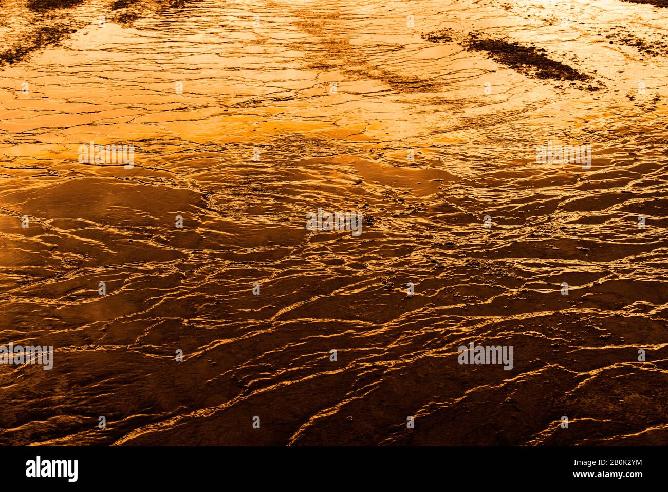 Textured wet rocky surface reflecting orange and yellow sunlight Stock ...