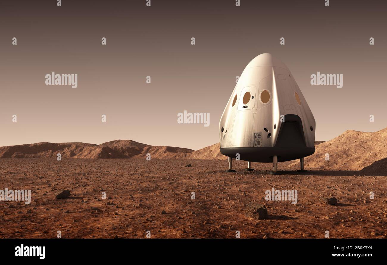 Descent Module Of Commercial Spacecraft On Surface Of Planet Mars Stock ...