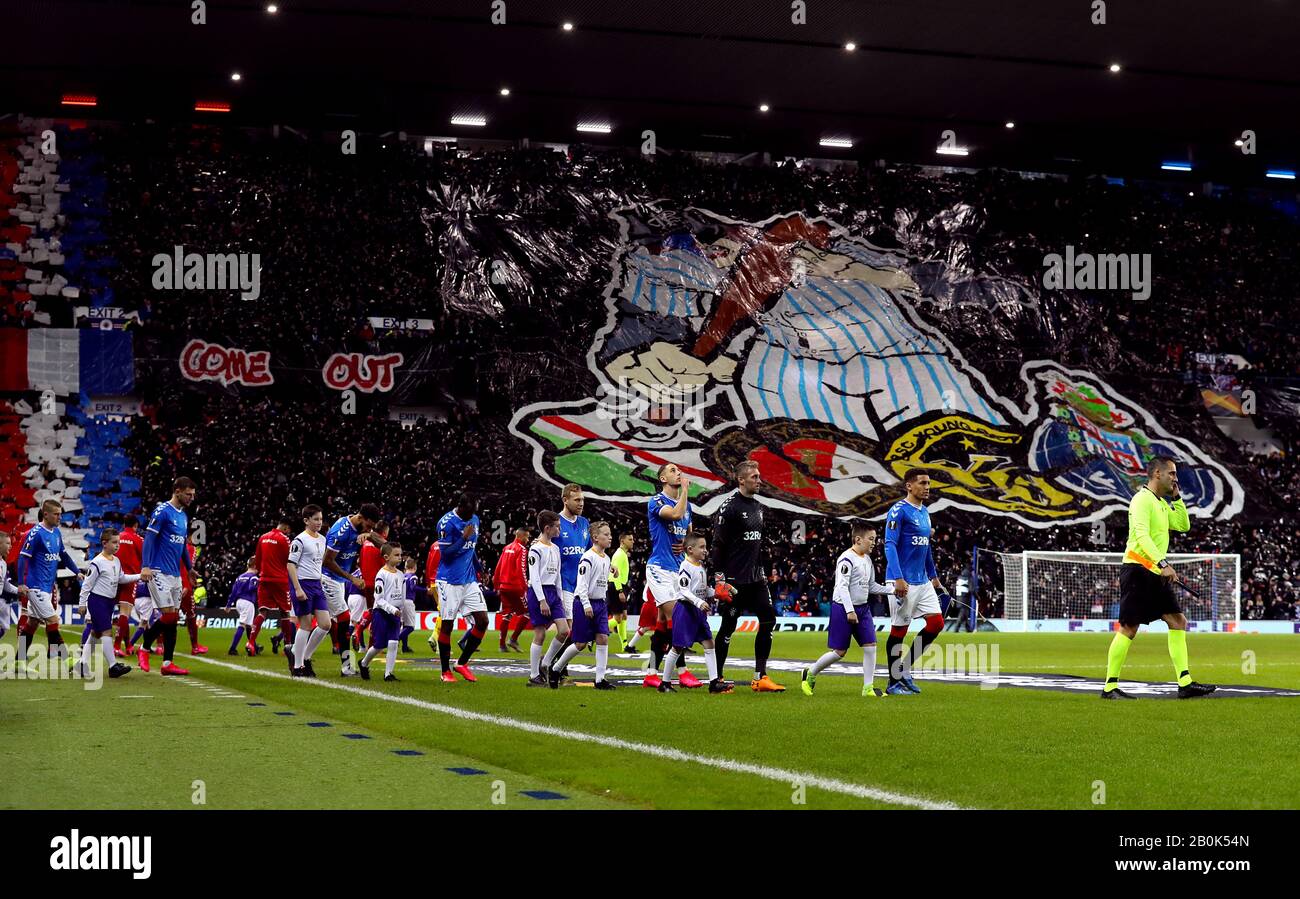 The Rangers team walk out onto the pitch before the UEFA Europa League ...