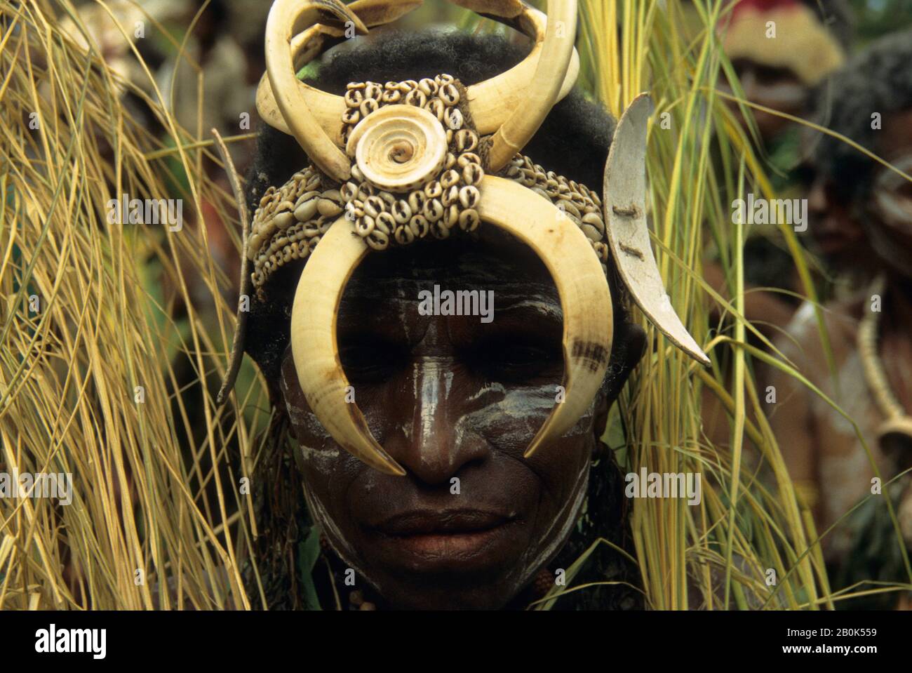 PAPUA NEW GUINEA, SEPIK RIVER, LOCAL MAN IN TRADITIONAL DRESS CLOSE-UP ...