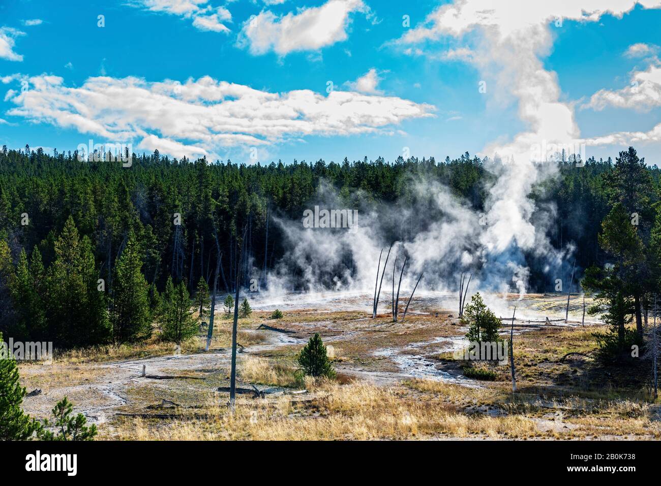 Steam rising up off hot springs in valley below Stock Photo - Alamy