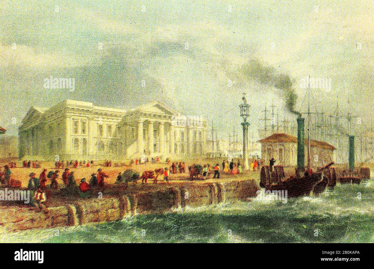 A coloured engraving showing the port of Leith in the early 1800's ...