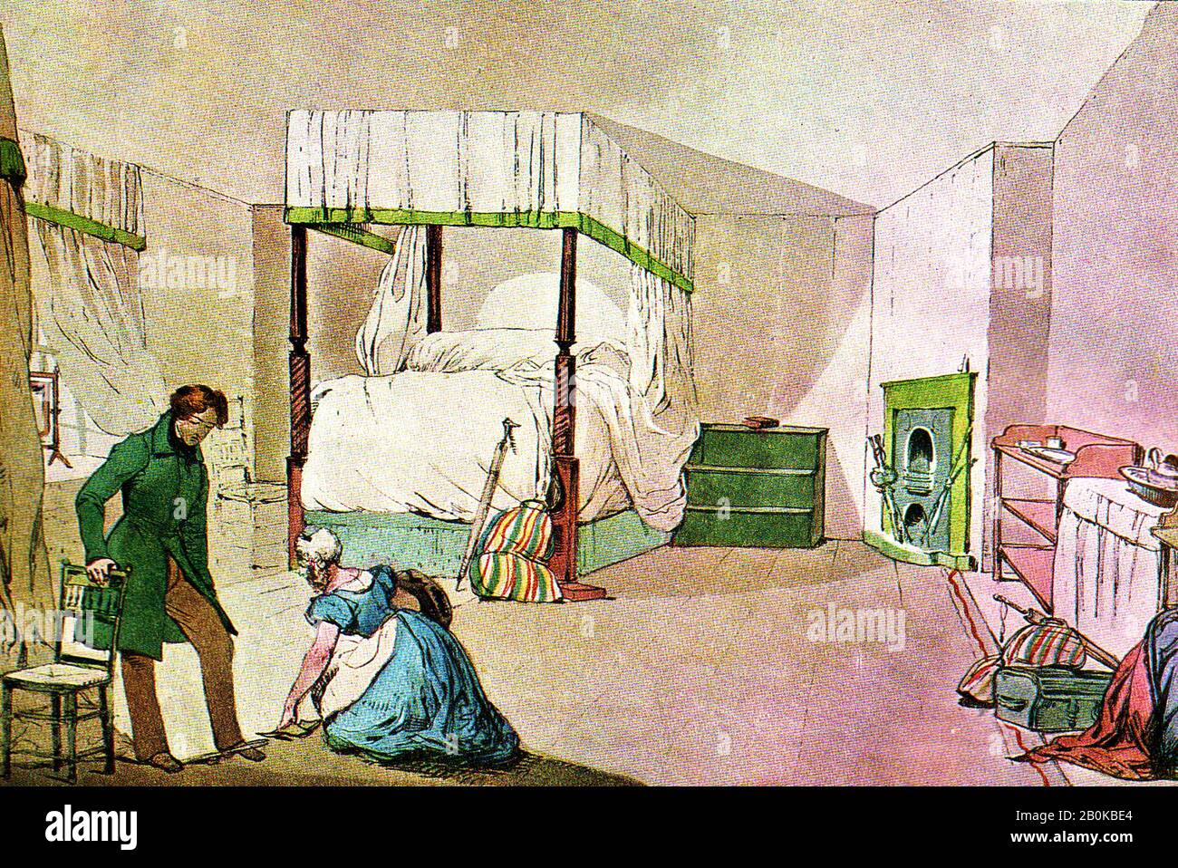 An old coloured illustration showing the typical interior of an English ...