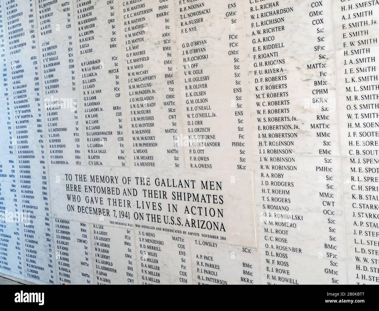 Memorial wall listing names of sailors who died aboard the Arizona at ...