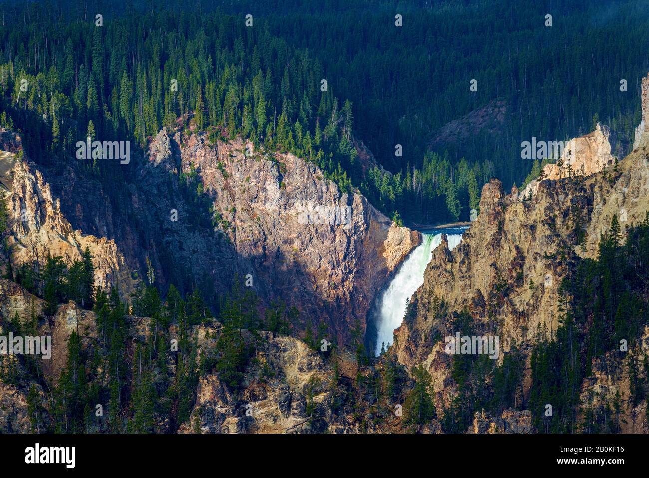 Dark green forest with bright white sun lite waterfall flowing in to ...