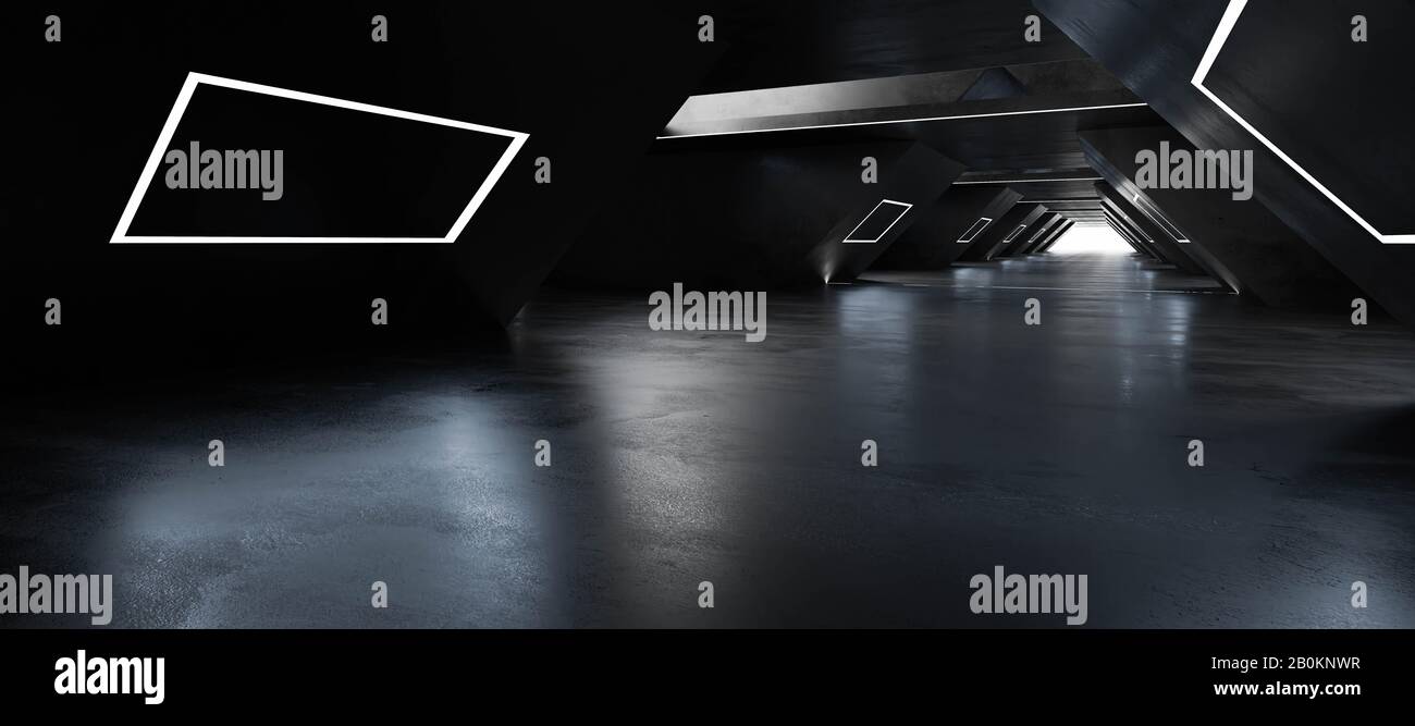 Modern futuristic underground concrete basement with day and artificial ...