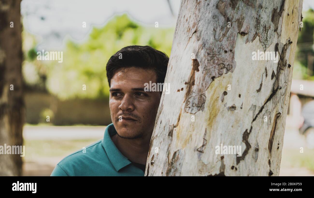 Man standing behind a tree enjoying the nature and relaxing Stock Photo ...