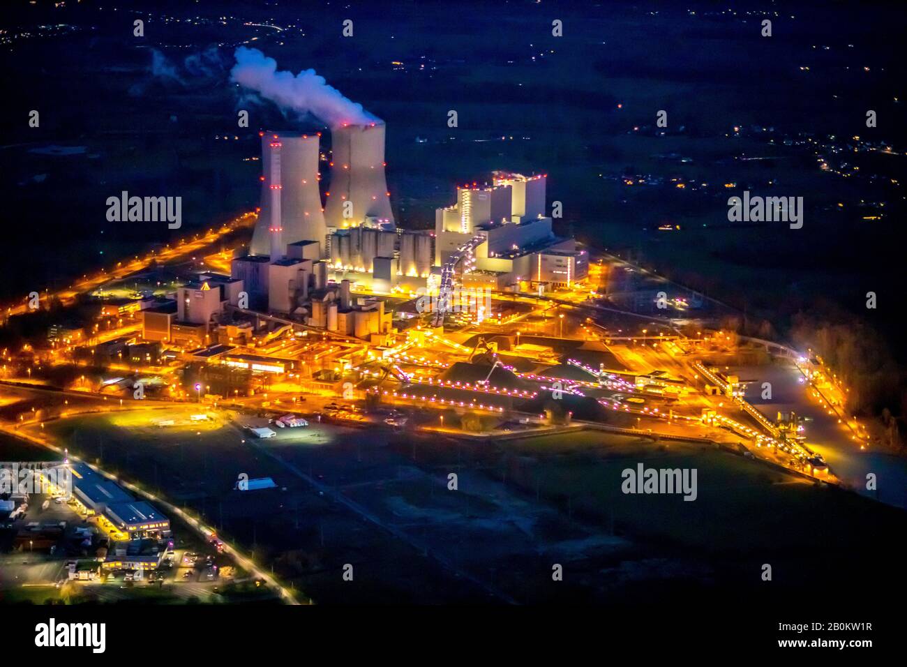 aerial view at night over Hamm,RWE power plant Westfalen, coal-fired ...