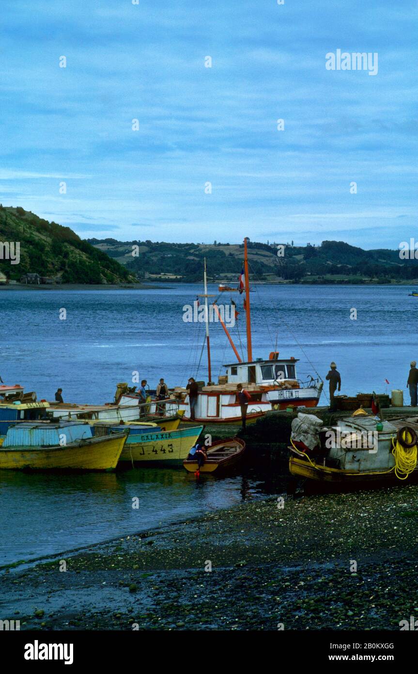 SOUTHERN CHILE, CHILOE ISLAND, DALCAHUE, LOCAL FISHING BOATS Stock ...