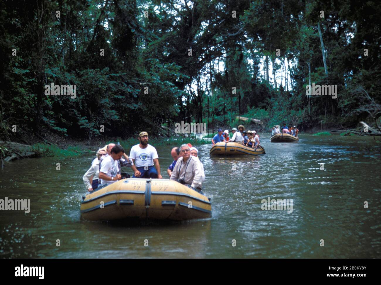 AMAZON, BRAZIL, TOURISTS ON RUBBER BOAT EXCURSION ON INNER TRIBUTORY ...