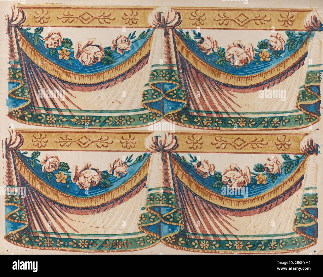Anonymous, Sheet with two borders with drapery and floral designs ...