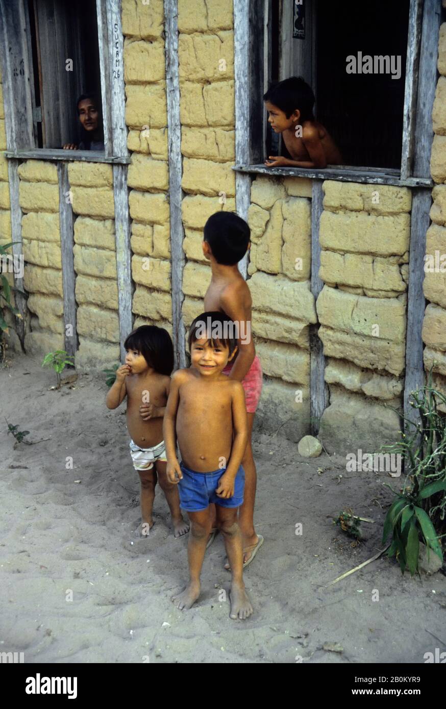 BRAZIL, AMAZON RIVER, CHILDREN IN FRONT OF MUD BRICK HOUSE Stock Photo ...