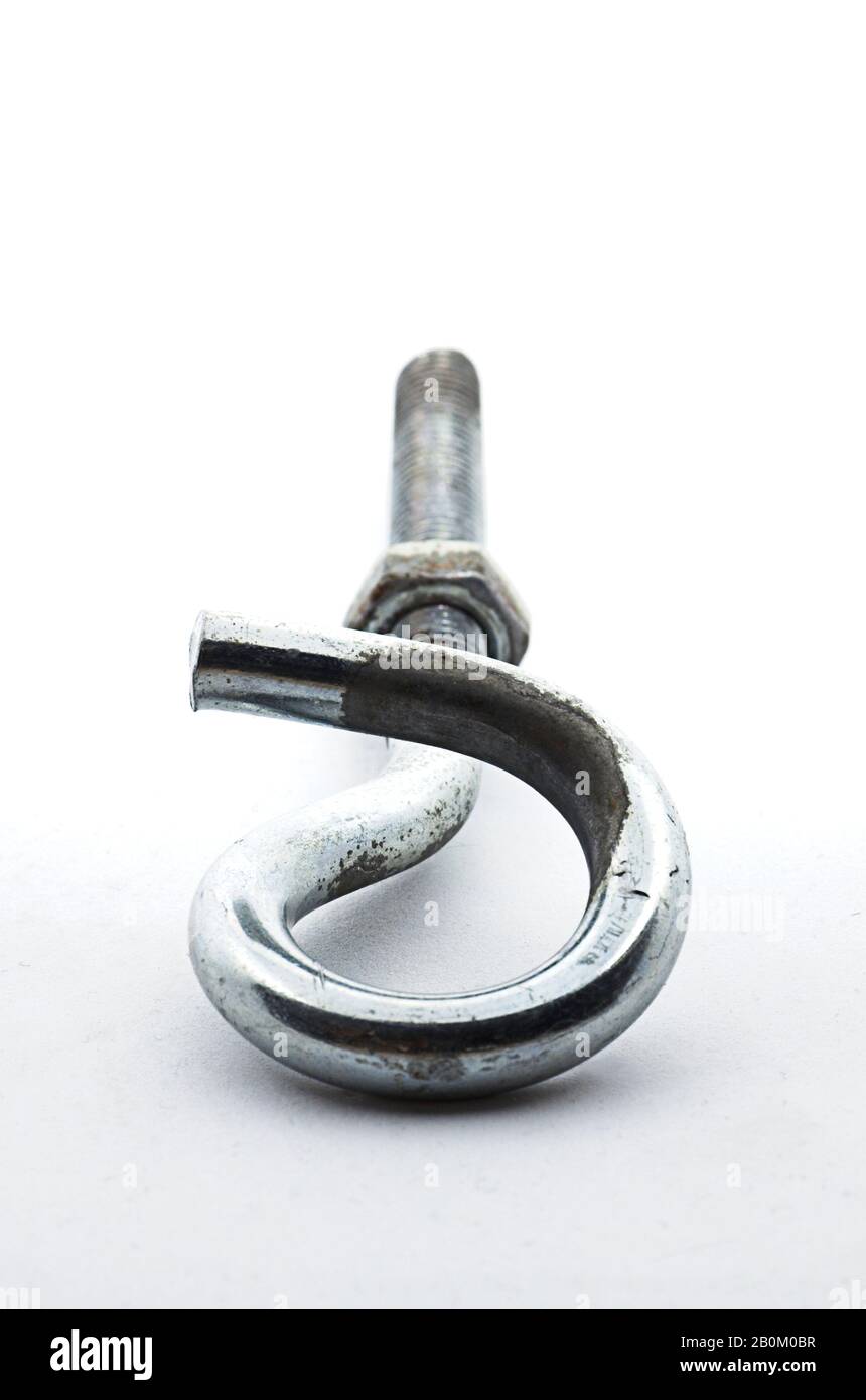 Steel pigtail screw hook on white background. Safety piece of hardware ...