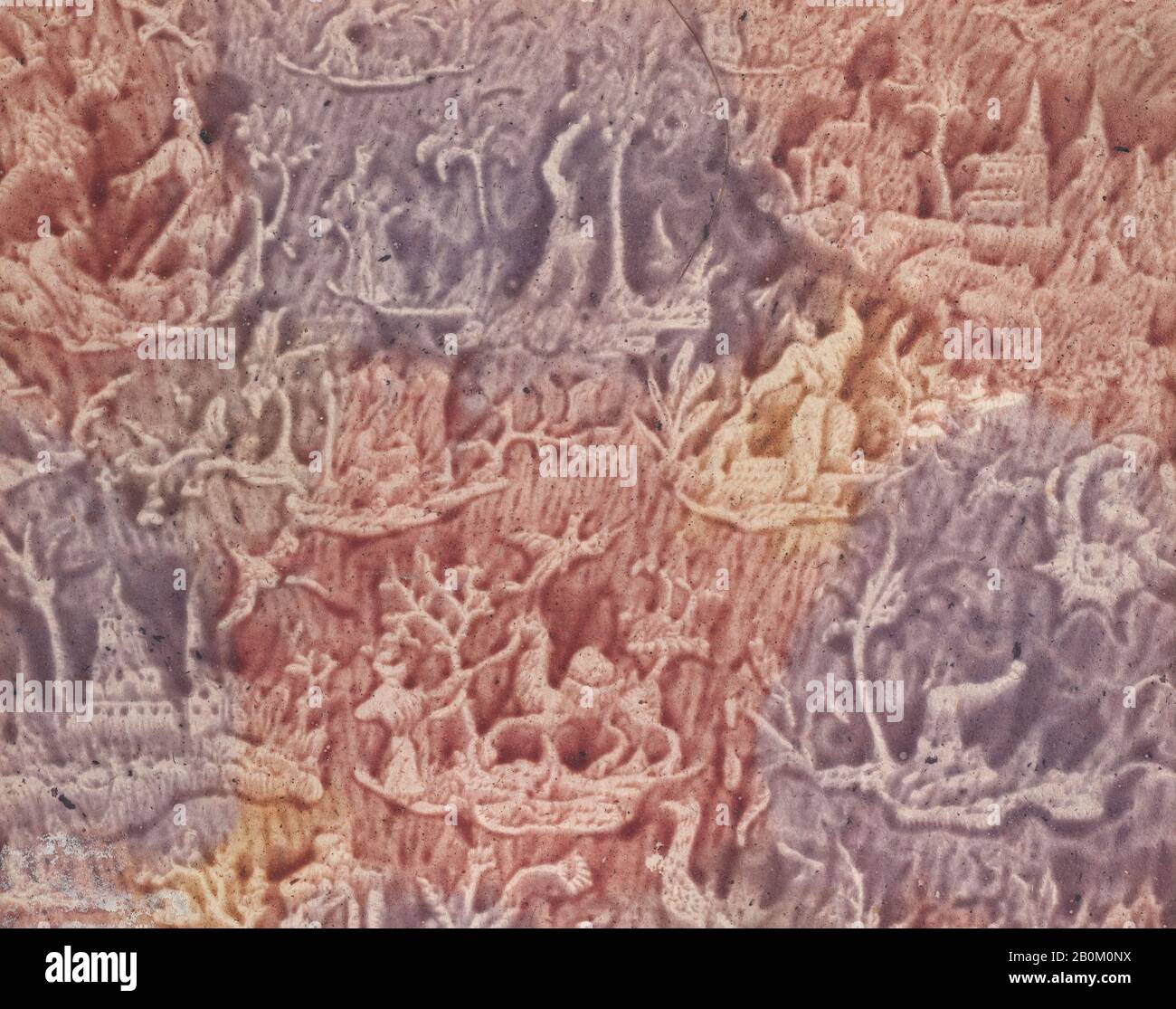 Anonymous, Sheet with figures in landscapes in red, purple, and yellow ...