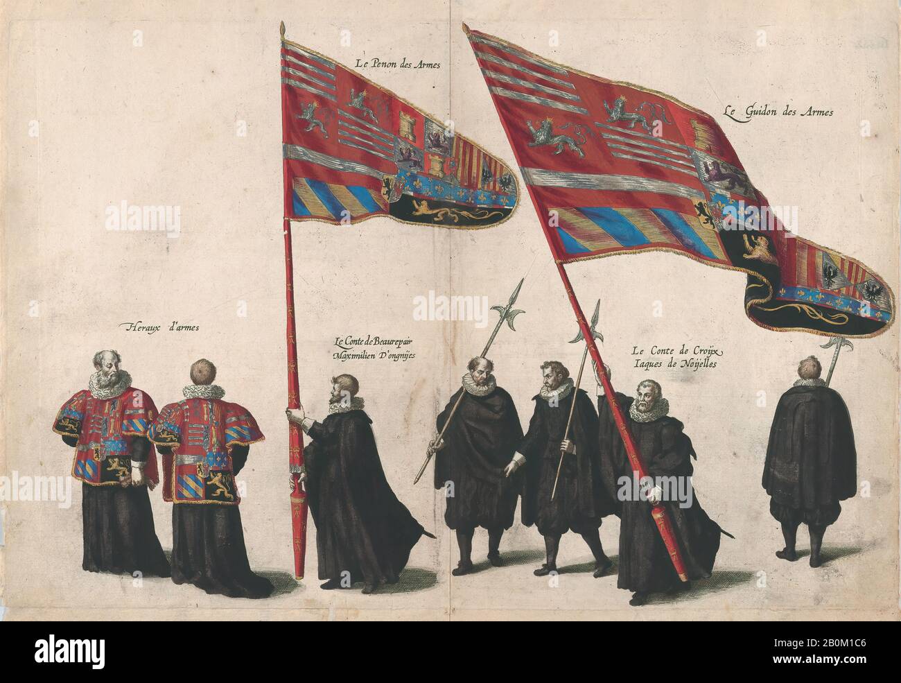 Cornelis Galle I, Plate 48: Men bearing arms and heraldic flags ...