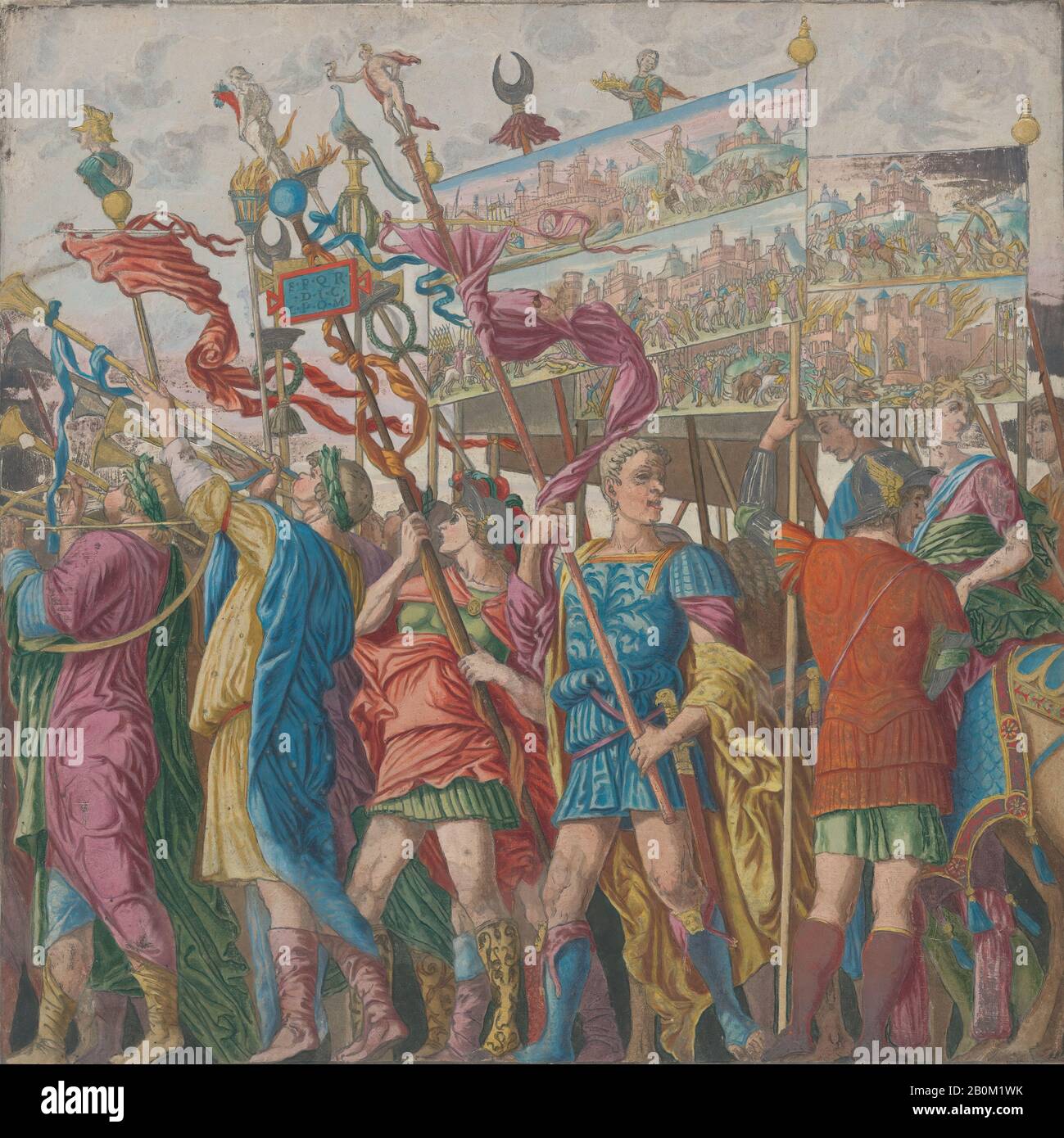 Andrea Andreani, Sheet 1: Soldiers carrying banners depicting Julius ...