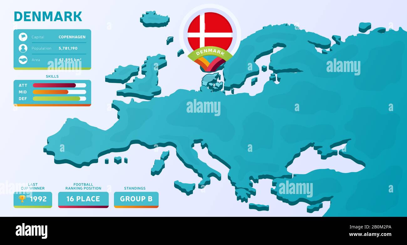 Isometric map of Europe with highlighted country Denmark vector ...