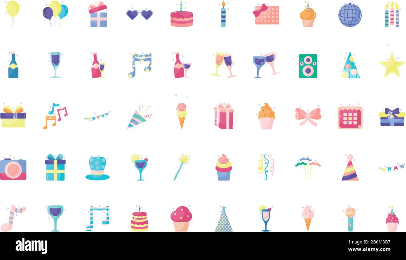 flat style icon set design, Party celebration event happy birthday ...