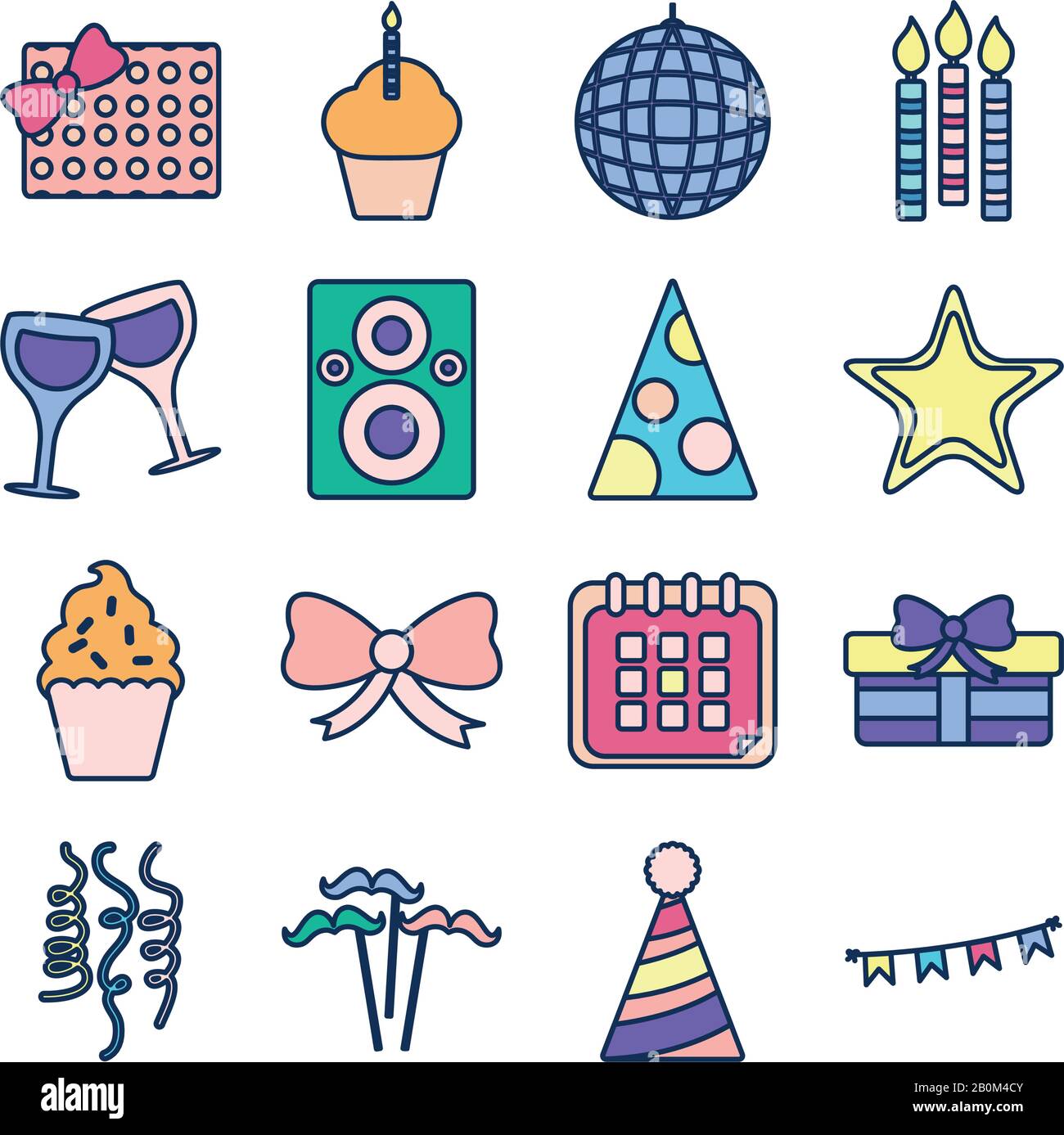 line fill style icon set design, Party celebration event happy birthday ...