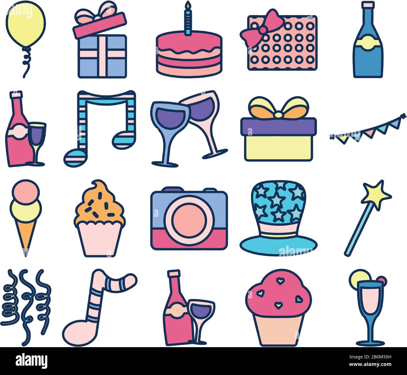 line fill style icon set design, Party celebration event happy birthday ...