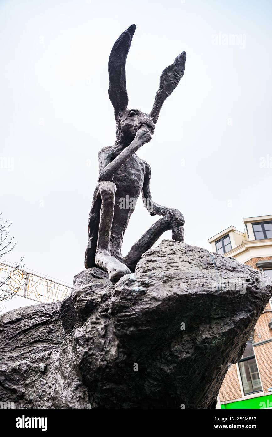 Utrecht, Netherlands - January 07, 2020. Statue of thinking rabbit ...