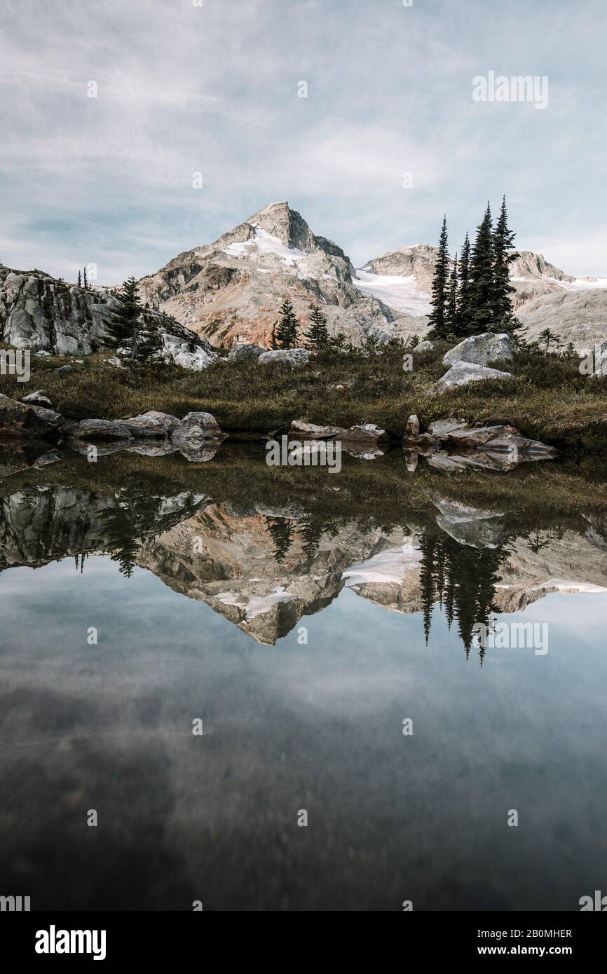 Alpine mountain scene reflecting in calm tarn Stock Photo - Alamy
