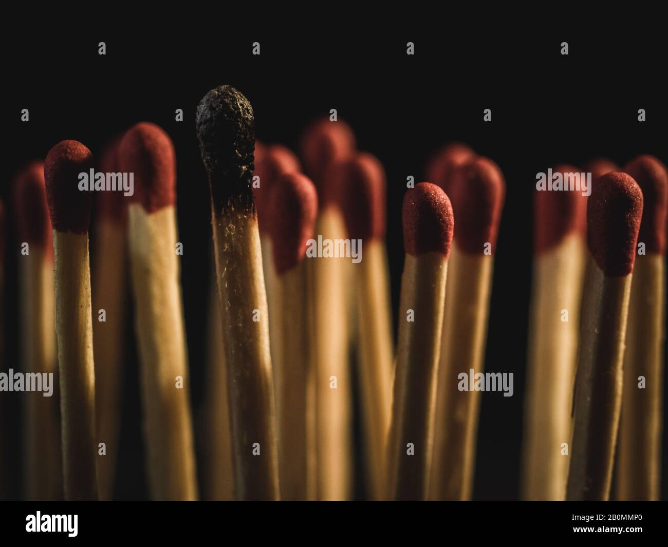 A burnt matchstick on the front and many unused on the background Stock ...