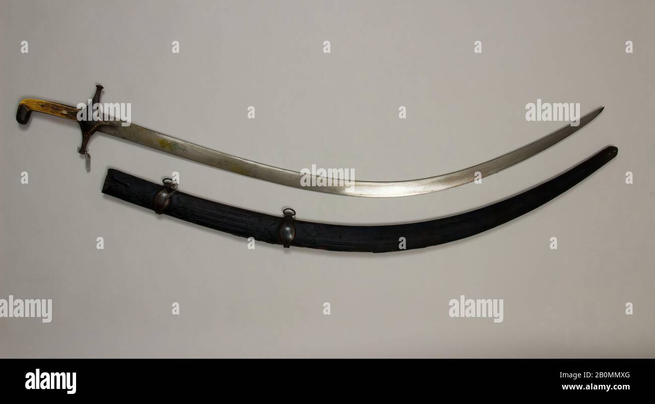 Sword (Shamshir) with Scabbard, Persian, 18th–19th century, Persian, Steel, gold, leather, H ...
