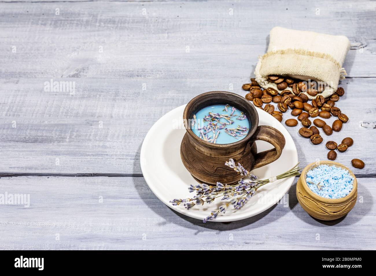 Trendy colored latte. Lavender and powdered aromatic sugar, coffee ...