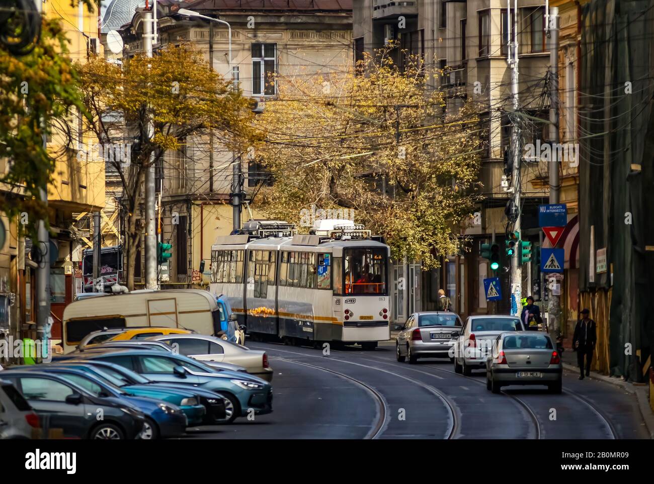 Bucharest, Romania - October 28, 2018: A Romanian tram runs on the line ...