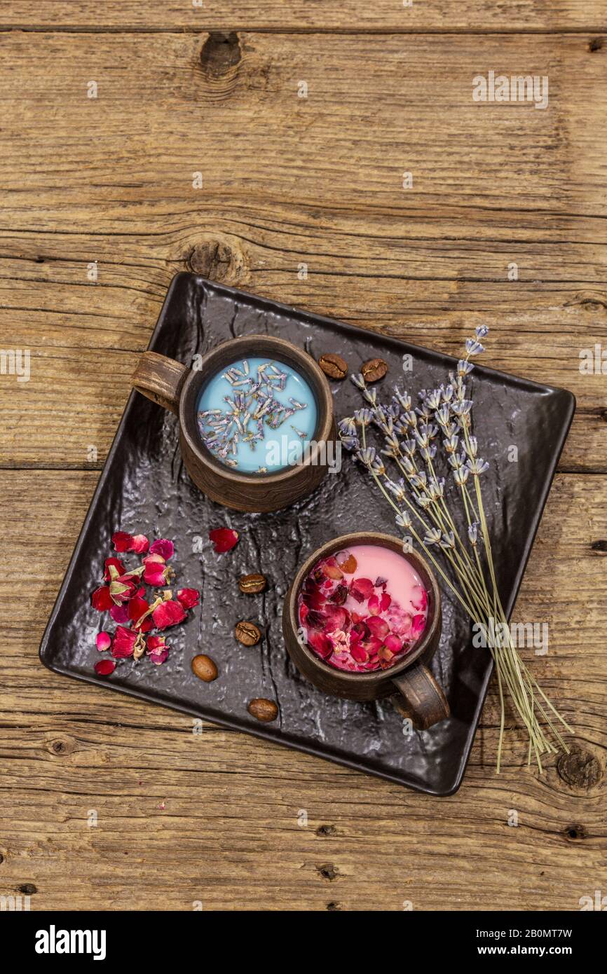 Set of romantic colored coffee latte for two lovers. Lavender and rose ...