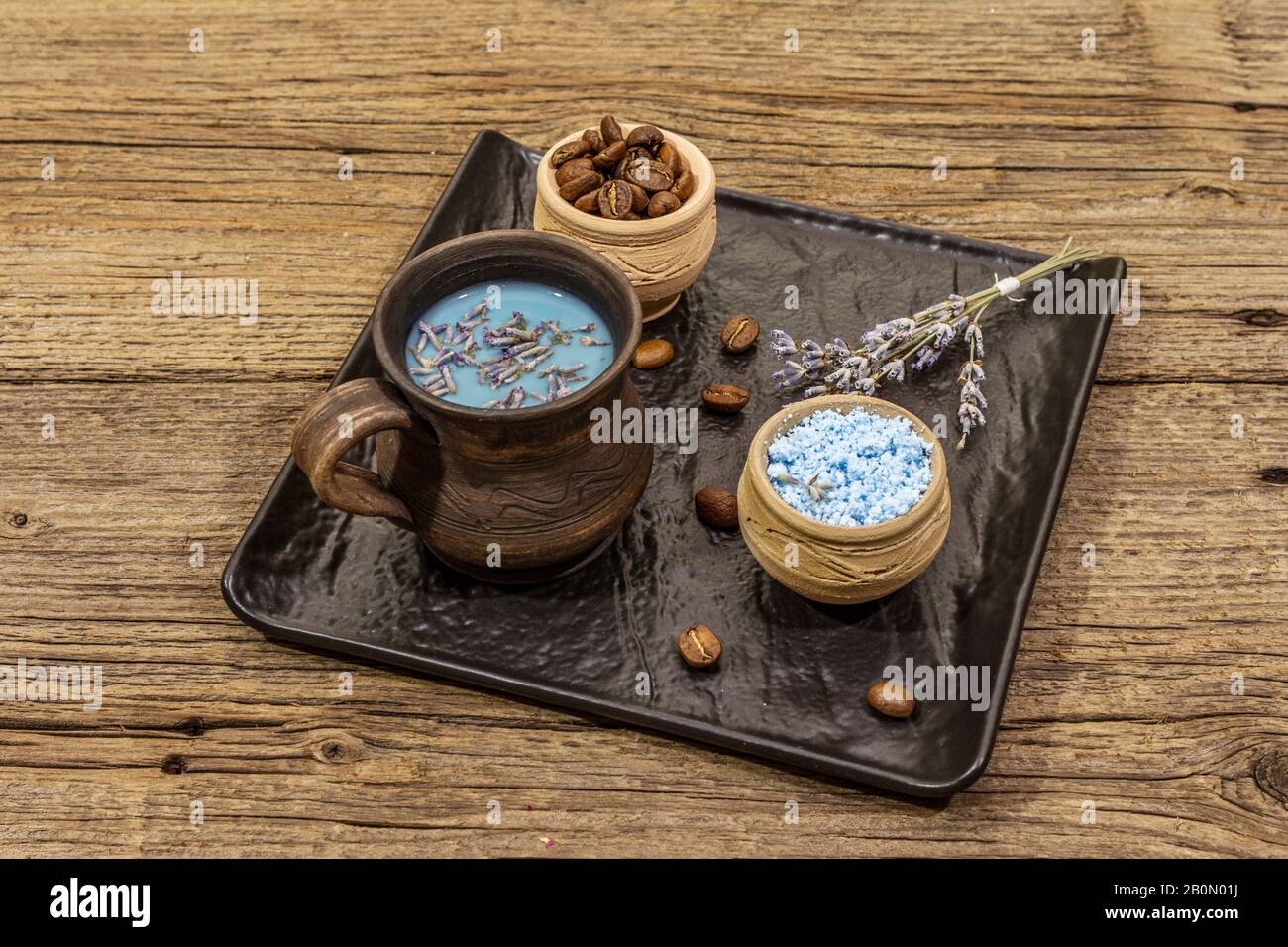 Trendy colored latte. Lavender and powdered aromatic sugar, coffee ...