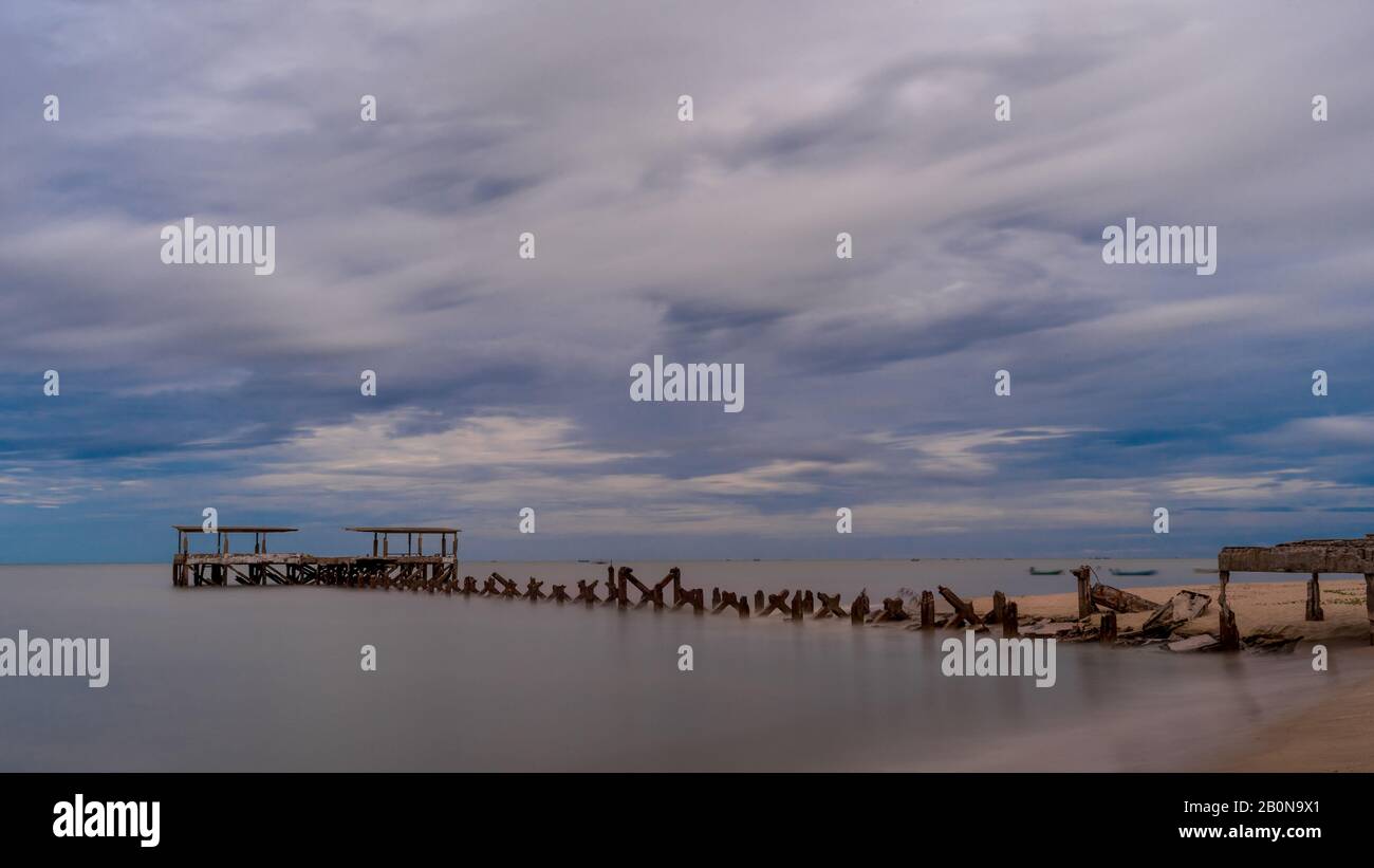 Dilapidated old fishing dock collapsing into the sea in Pak Nam Pran on ...