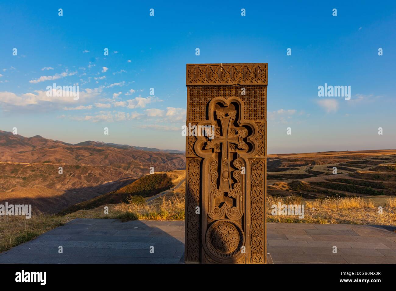 Khachkar tombstone memorial with landscape panorama near Kornidzor in ...