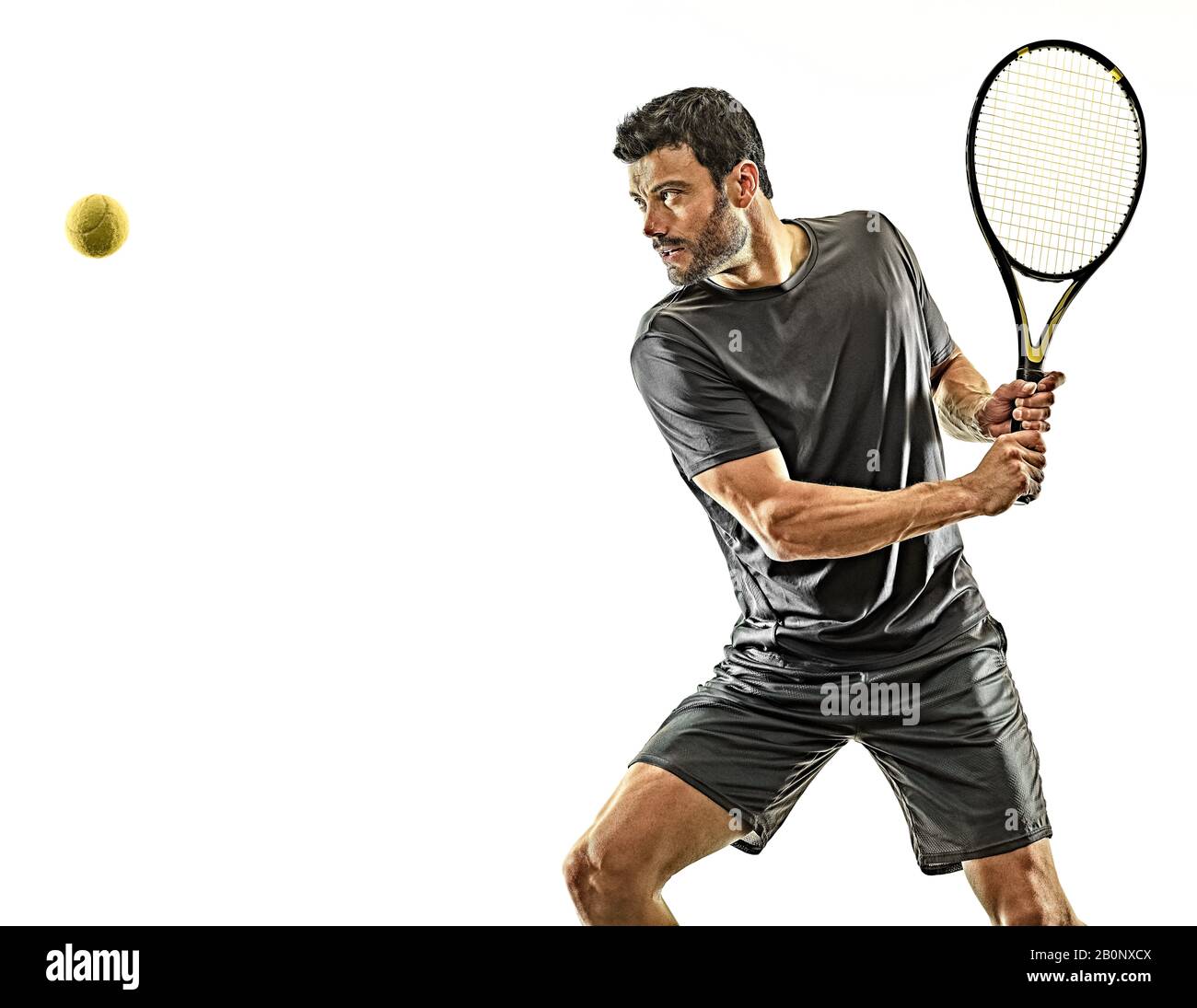 one caucasian mature tennis player man backhand waist up profile side ...