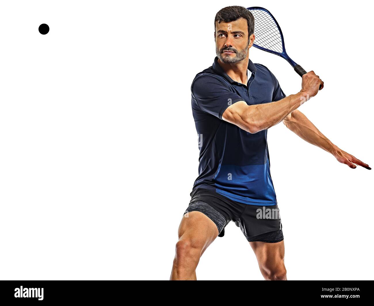 one caucasian mature man practicing squash player in studio isolated on ...