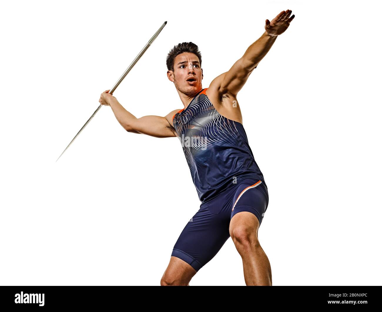 one young caucasian athlete man practicing Javelin athletics in studio ...