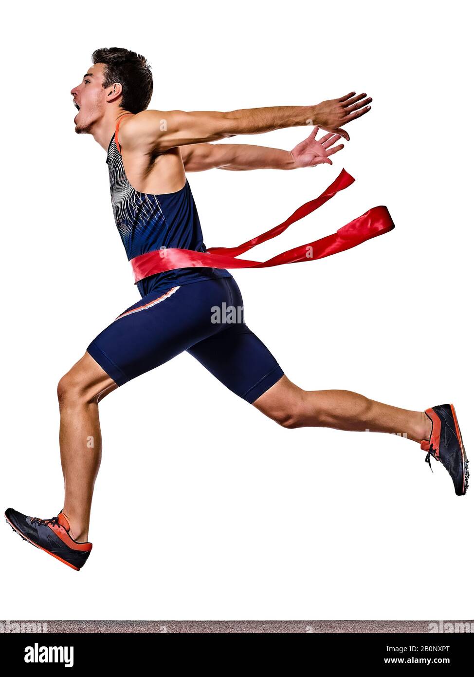 one young caucasian man practicing athletics runner running sprinter ...