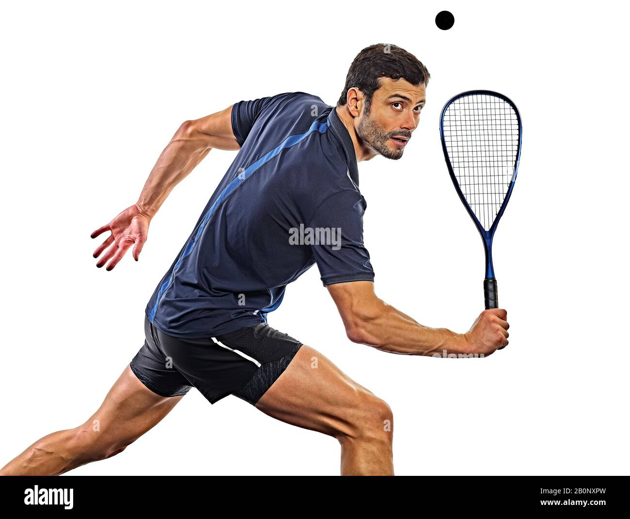 one caucasian mature man practicing squash player in studio isolated on ...