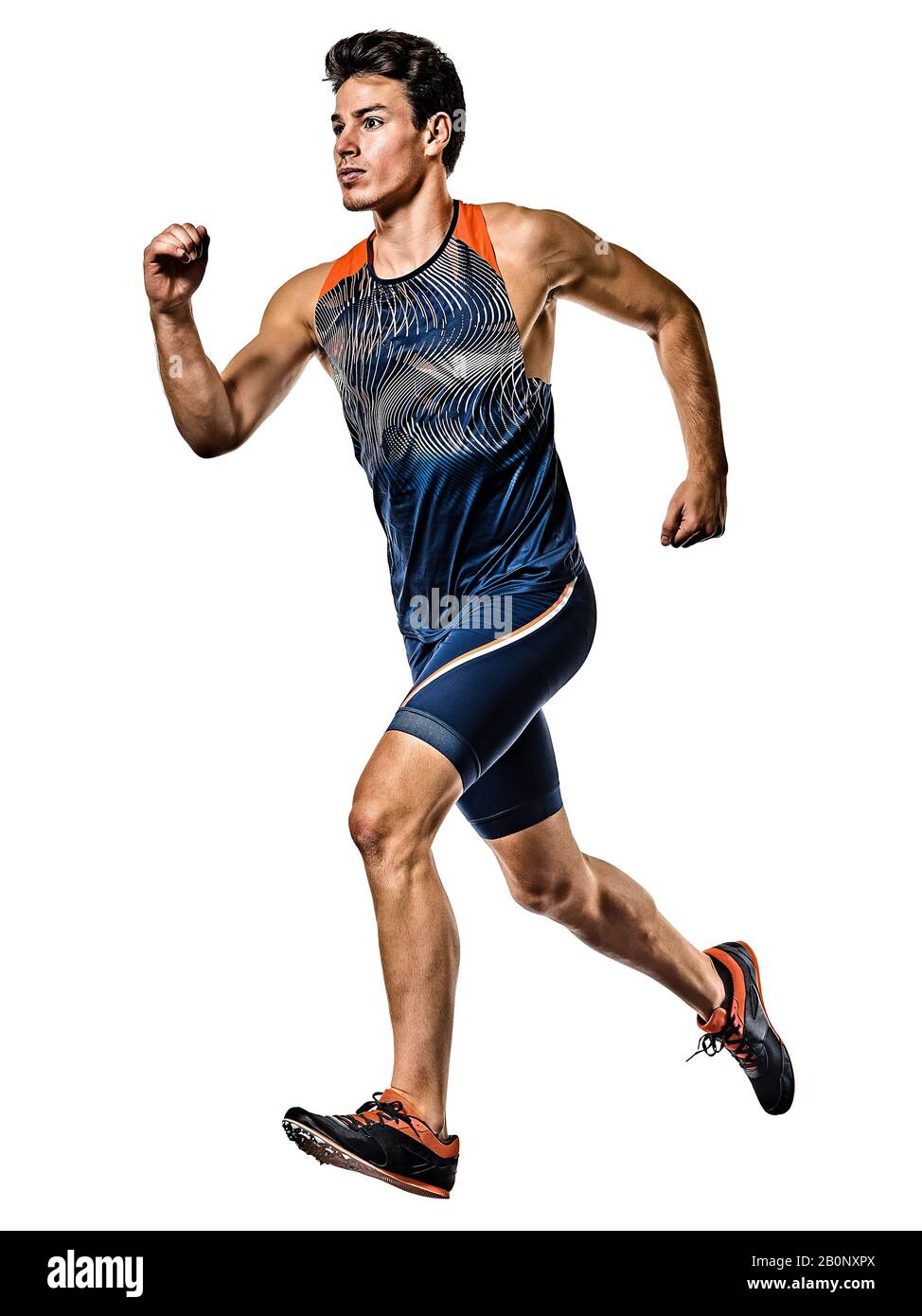 one young caucasian man practicing athletics runner running sprinter ...