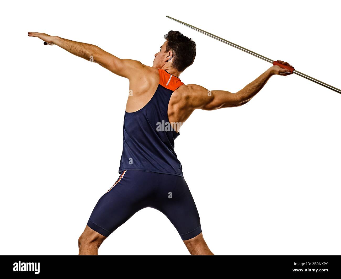 one young caucasian athlete man practicing Javelin athletics in studio ...