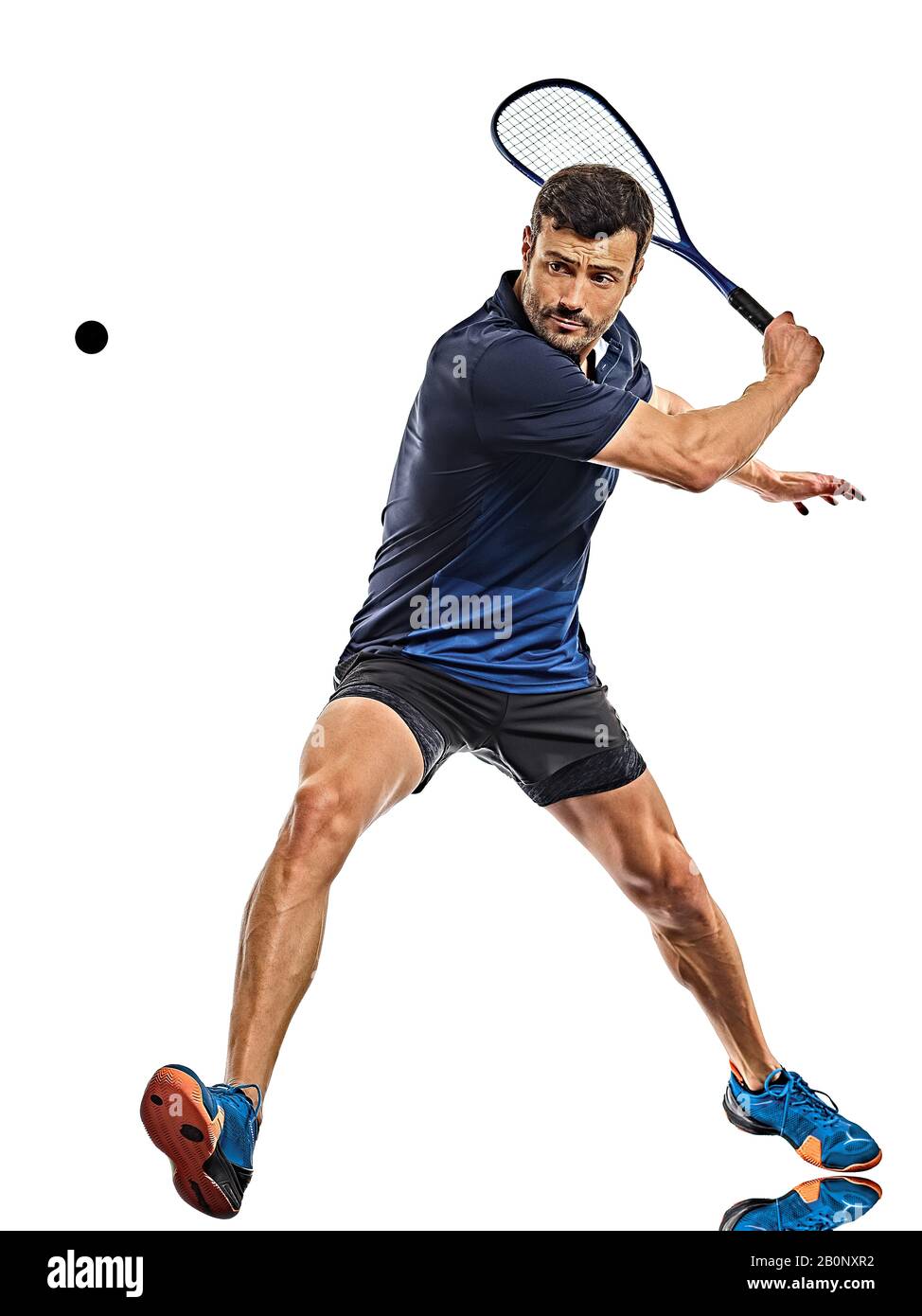one caucasian mature man practicing squash player in studio isolated on ...